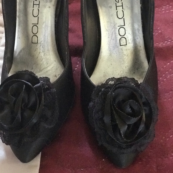 Shoes | Vintage Dolcis Black Satin Shoes With Flower | Poshmark